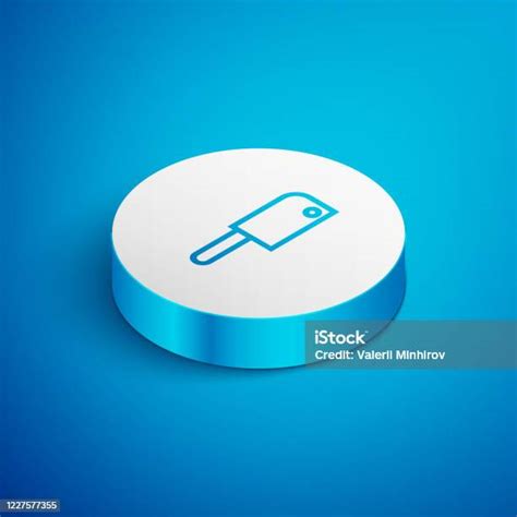 아이소메트릭 선 파란색 배경에 격리된 고기 헬기 아이콘입니다 고기 부엌 칼입니다 정육점 칼 흰색 원 버튼 벡터 일러스트레이션 3차원 형태에 대한 스톡 벡터 아트 및 기타