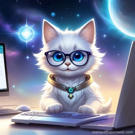 Generate A Funny And Cute Smiling Kitten Who Is Software Developer With A Computer In Front Of