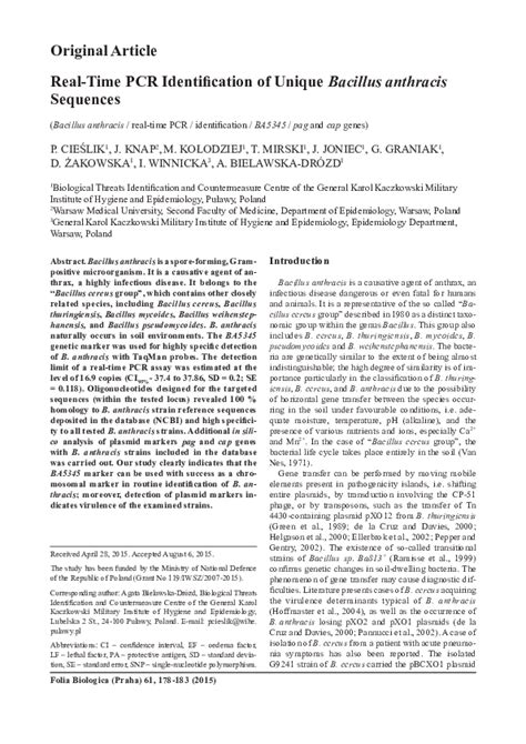 Pdf Real Time Pcr Identification Of Unique Bacillus Anthracis Sequences Bacillus Anthracis