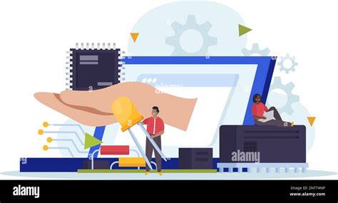 Microchip And Computer Hardware Flat Style Concept With Tiny People Holding Laptop And