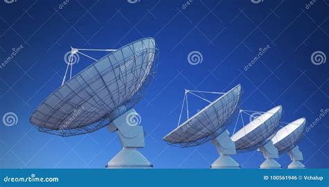 Array Of Satellite Dishes Or Radio Antennas Against Blue Sky 3d