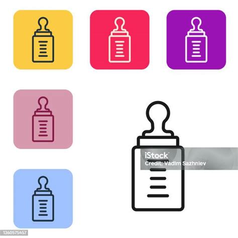 흰색 배경에 격리 된 검은 줄 아기 병 아이콘 병 아이콘을 먹이 우유 병 기호 색상 정사각형 단추로 아이콘을 설정합니다 벡터 0명에 대한 스톡 벡터 아트 및 기타 이미지