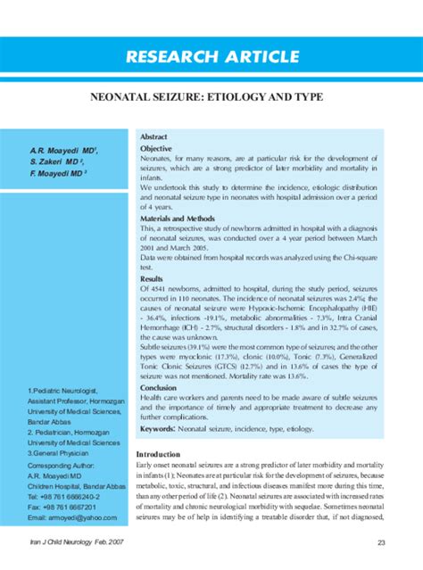Pdf Research Article Neonatal Seizure Etiology And Type
