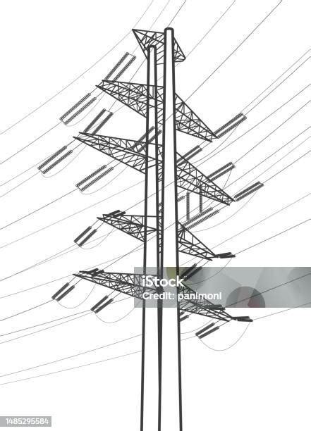 고전압 전송 시스템 전주 전력선 상호 연결된 전기 네트워크 에너지 철탑 도시 전기 인프라 흰색 바탕에 회색 Otlines입니다