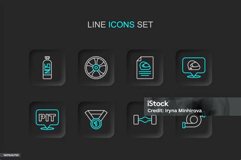 세트 라인 자동차 터보 차저 섀시 자동차 메달 피트 스톱 레이싱 헬멧 알로이 휠 및 아산화 질소 아이콘 벡터 경쟁에 대한 스톡