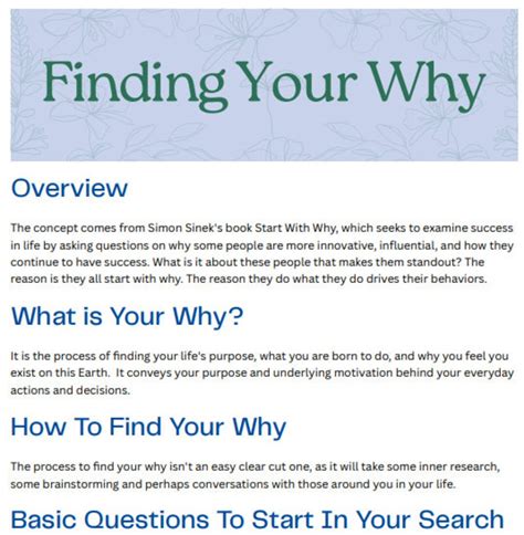 Finding Your Why Worksheet Printable Etsy