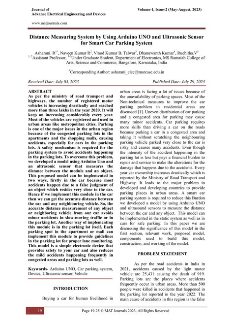 PDF Distance Measuring System By Using Arduino UNO And Ultrasonic Sensor For Smart Car Parking