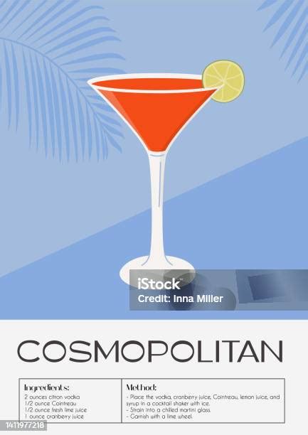 라임 휠로 장식 된 마티니 유리의 코스모폴리탄 칵테일 여름 아페리티프 레시피 복고풍 미니멀리스트 프린트 배경에 열대 야자