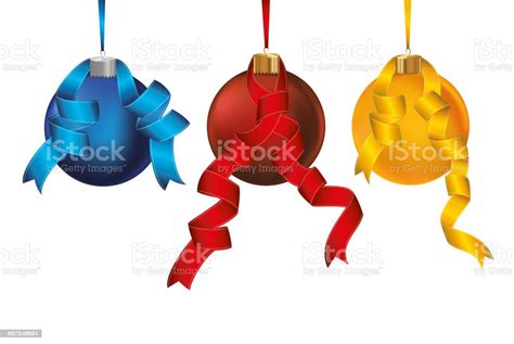 3 메리 크리스마스 볼 빨강 파란색 노란색 리본 배너 복사 공간 벡터입니다 휴일 또는 파티에 대 한 인사말 카드 개념에 대한