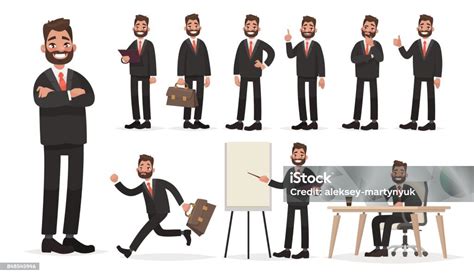 행복 한 사업가입니다 다양 한 포즈와 상황에서 사무실 작업자 남자의 문자 집합 아이콘 세트에 대한 스톡 벡터 아트 및 기타