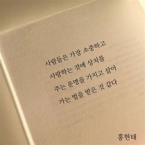 홍현태 글 작가 🌈 사람들은 가장 소중하고 사랑하는 것에 상처를 주는 운명을 가지고 살아 가는 벌을 받은 것 같다 별로 소중하지 않은 사람에게 받은 상처로 인한