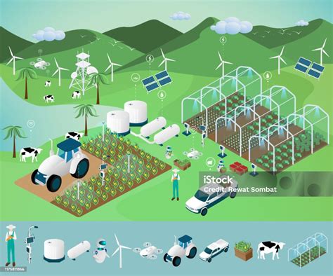 현대 농업 기술 스마트 농업 개념입니다 스마트 폰 무선 리모컨으로 인간 농장에서 일하는 인공 지능 등각 투영 설계의 벡터