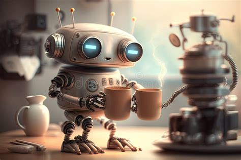 Cute Robot Assistant Preparing Morning Coffee For Busy Office Worker