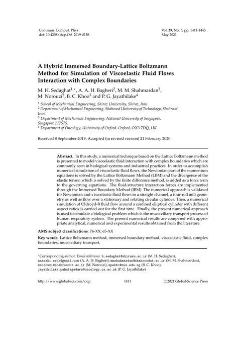 Pdf A Hybrid Immersed Boundary Lattice Boltzmann Method For Simulation Of Viscoelastic Fluid