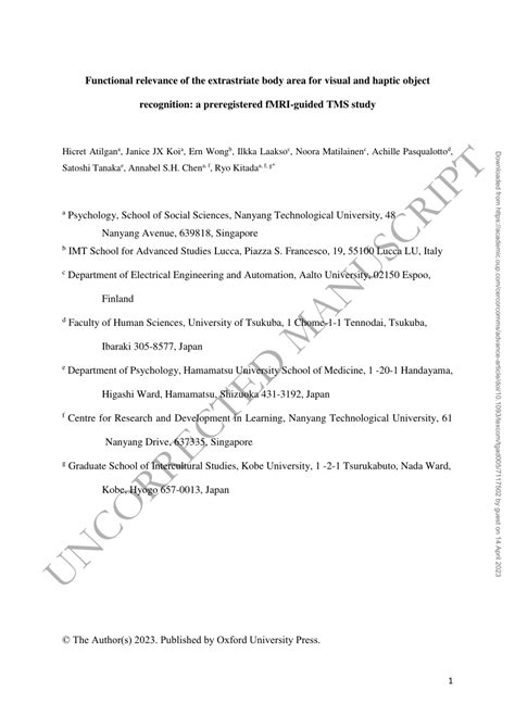 Pdf Functional Relevance Of The Extrastriate Body Area For Visual And Haptic Object