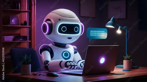 Cute Friendly Artificial Intelligence Robot Using Laptop Computer With Purple Neon Glow Light