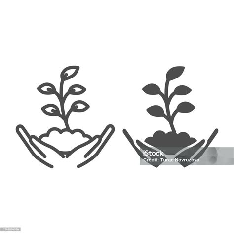 손은 잎 라인과 단단한 아이콘 생태 개념 흰색 배경에 지상 기호로 성장 새싹 모바일 웹에 대한 윤곽 스타일에 손 아이콘에 새싹 작은 식물을 보유하고 있습니다 벡터 그래픽
