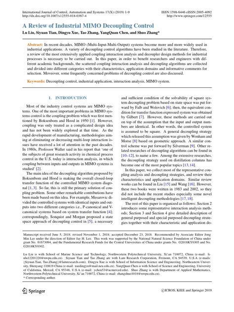 A Review Of Industrial Mimo Decoupling Control Pdf Control Theory Algorithms