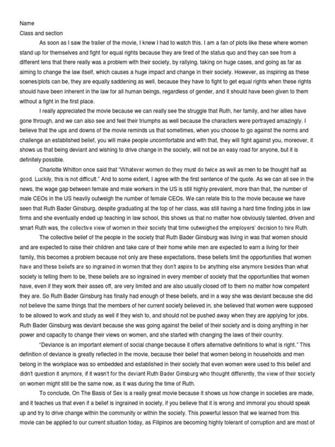 On The Basis Of Sex Sociology Reaction Paper Pdf Deviance