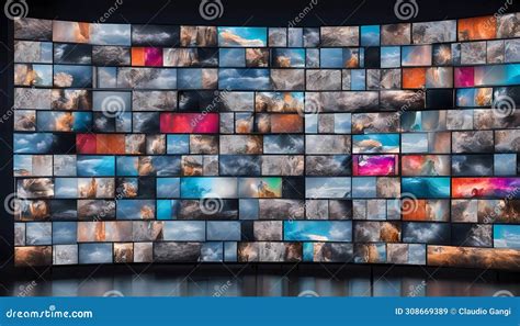 Multimedia Video Wall Featuring Images A Variety Of Tv Screens Monitor And Backdrop Stock