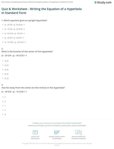 Quiz And Worksheet Writing The Equation Of A Hyperbola In Standard Form