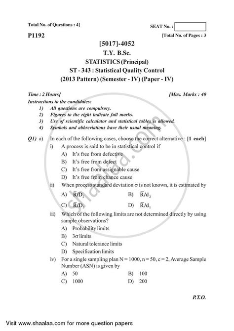 Statistical Quality Control 2016 2017 B Sc Statistics Semester 6 Tybsc