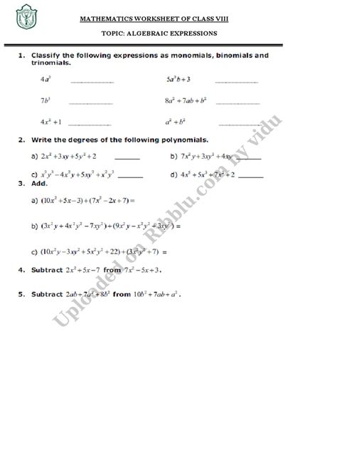 Algebraic Expressions Worksheet For Class 8 Maths 2021 Pdf