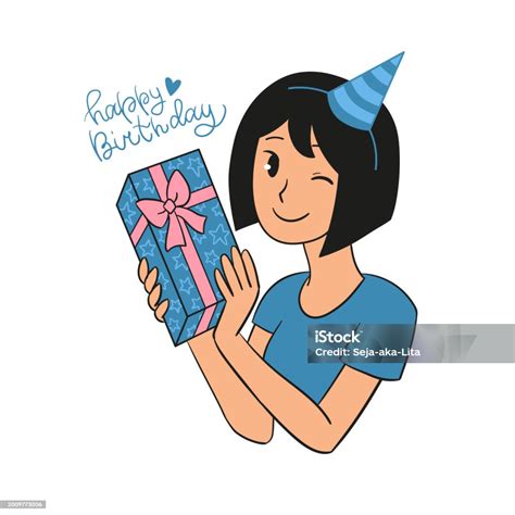 아시아 만화 소녀가 손에 선물 상자를 들고 있는 평면 벡터 일러스트 생일 축하합니다 검정 머리에 대한 스톡 벡터 아트 및 기타 이미지 검정 머리 공휴일 교환 Istock