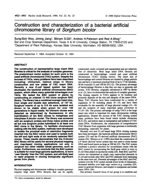 Pdf Construction And Characterization Of Bacterial Artificial Chromosome Library Of Sorghum