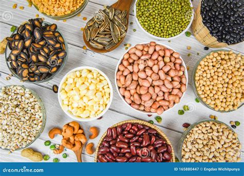 Different Whole Grains Beans On Bowl And Legumes Seeds Lentils And Nuts