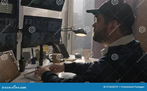 Security Guard Monitors Cctv Cameras On Computers Stock Image Image Of High Program 275428747