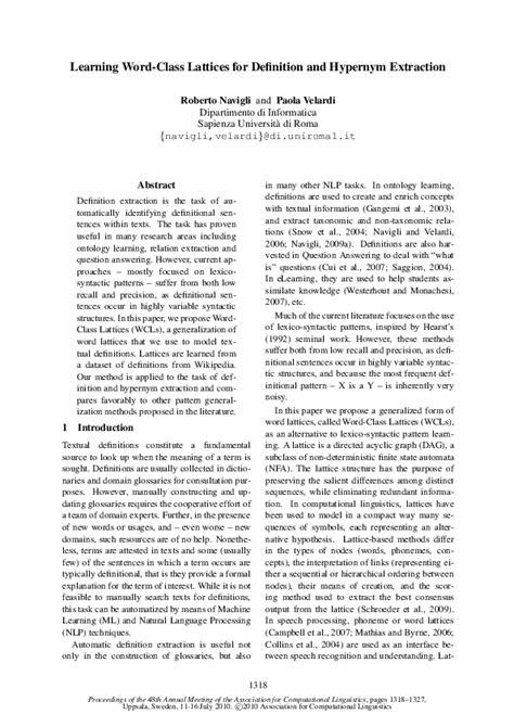 Pdf Learning Word Class Lattices For Definition And Hypernym Extraction