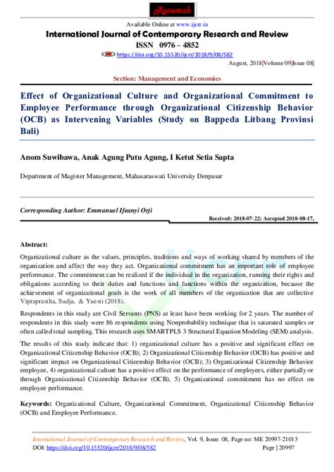 Pdf Effect Of Organizational Culture And Organizational Commitment To Employee Performance
