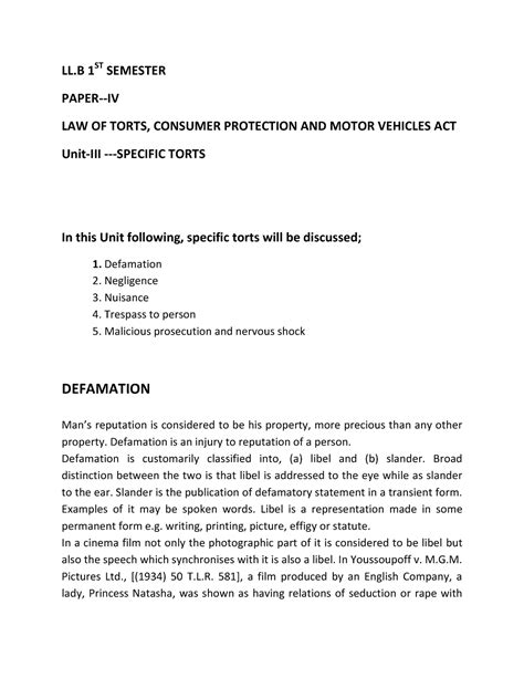 Law Of Torts Complete Notes LL 1ST SEMESTER PAPER IV LAW OF TORTS CONSUMER PROTECTION AND