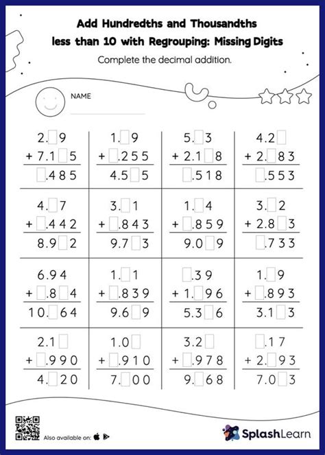 Add Hundredths And Thousandths Less Than 10 With Regrouping Missing Digits Math Worksheets