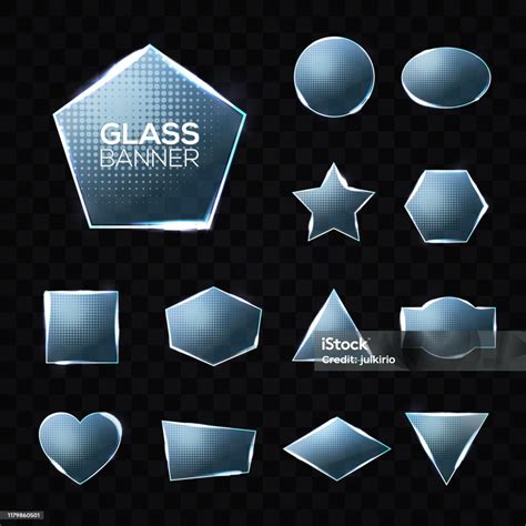 유리 접시 세트 삼각형 사각형 사각형 육각형 오각형 별 심장 투명한 배경에 빛과 빛이있는 원 질감 프레임 기술 셰이프 현실적인