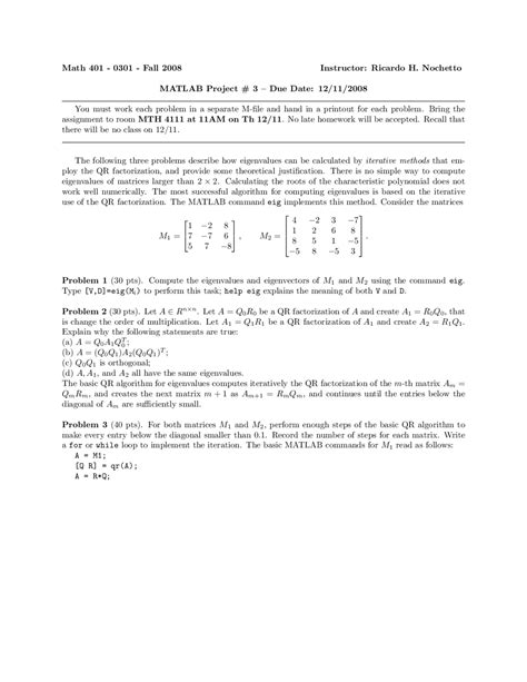 Matlab Project 3 Application Of Linear Algebra Math 401 Docsity