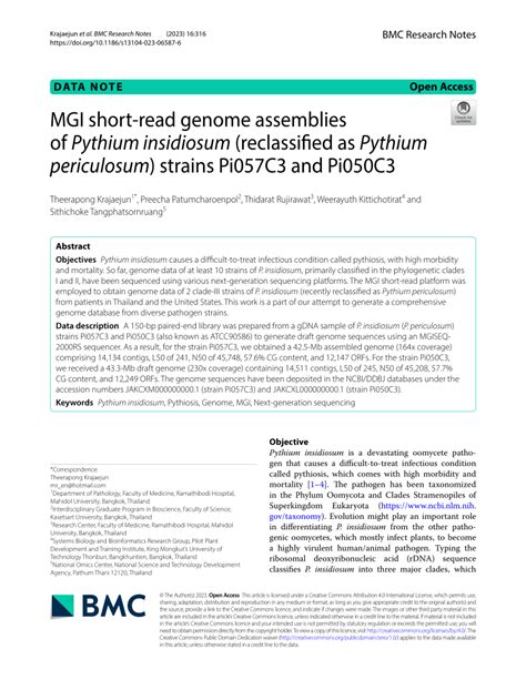 Pdf Mgi Short Read Genome Assemblies Of Pythium Insidiosum Reclassified As Pythium