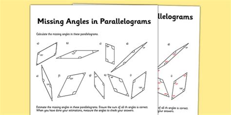 Missing Angles In Parallelograms Worksheet Twinkl