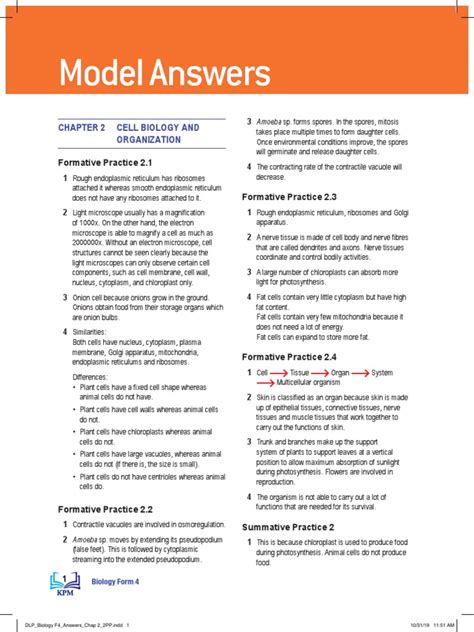 Model Answers Chapter 2 Cell Biology And Organization Pdf Tissue