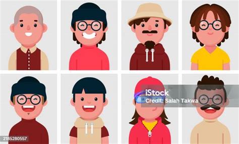 행복 한 남자의 평면 초상화 세트 다양한 포즈와 의상 프로필 사진 벡터 일러스트 레이 션에 컬러 만화 캐릭터 남자의 컬렉션 V 넥에 대한 스톡 벡터 아트 및 기타 이미지