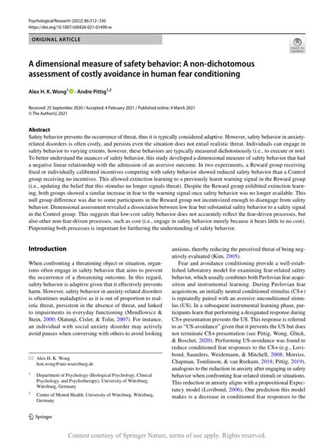 Pdf A Dimensional Measure Of Safety Behavior A Non Dichotomous Assessment Of Costly Avoidance