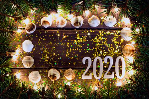 2020 과 조개 열대 목적지에 겨울 휴가의 개념 복사 공간이있는 상단보기 이미지와 축제 크리스마스 카드 0명에 대한 스톡 사진 및 기타 이미지 Istock