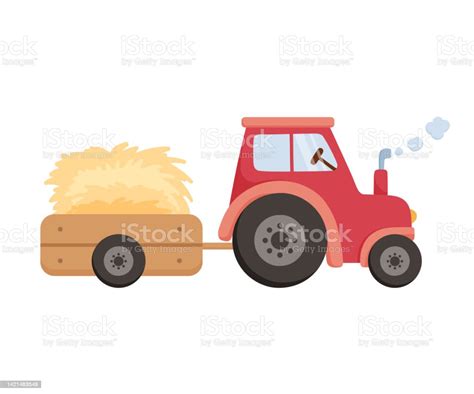 카트가있는 귀여운 트랙터 농업 기계는 건초를 운반합니다 흰색 배경에 고립 된 벡터 만화 일러스트 레이 션 농장 트랙터 건초 식물에 대한 스톡 벡터 아트 및 기타 이미지