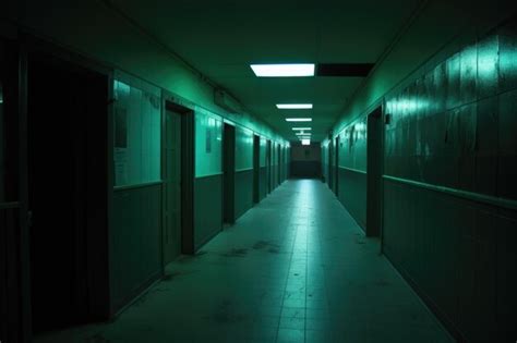 Premium AI Image The Glow Of Emergency Exit Signs In A Dark Hallway