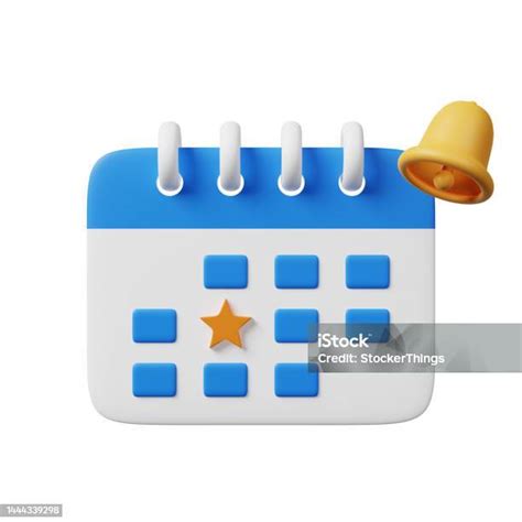흰색 배경에 격리된 표시 날짜와 알림 벨 아이콘이 있는 최소한의 파란색 흰색 중요한 의제 달력 비즈니스 작업 관리 알림 월간 또는 주간 계획을 구성합니다 3d 렌더링 3차원