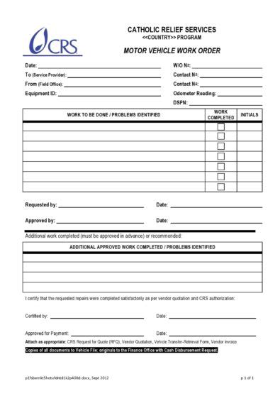 Printable Work Order Templates Excel Word PDF