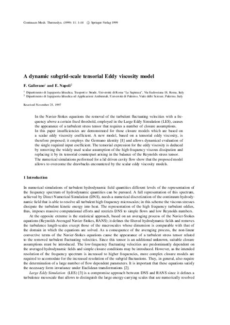 Pdf A Dynamic Subgrid Scale Tensorial Eddy Viscosity Model Francesco Gallerano