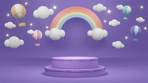 보라색 테마 무지개 연단의 3d 렌더링 개념 제품 스탠드 연단 디스플레이 무지개 구름 열기구와 상업 디자인에 대 한 배경에 별 3d 렌더 그림 열기구에 대한 스톡 벡터 아트
