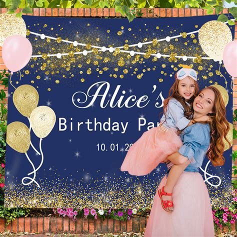 Custom Gold Glitter Balloon Blue Birthday Backdrop Lofaris